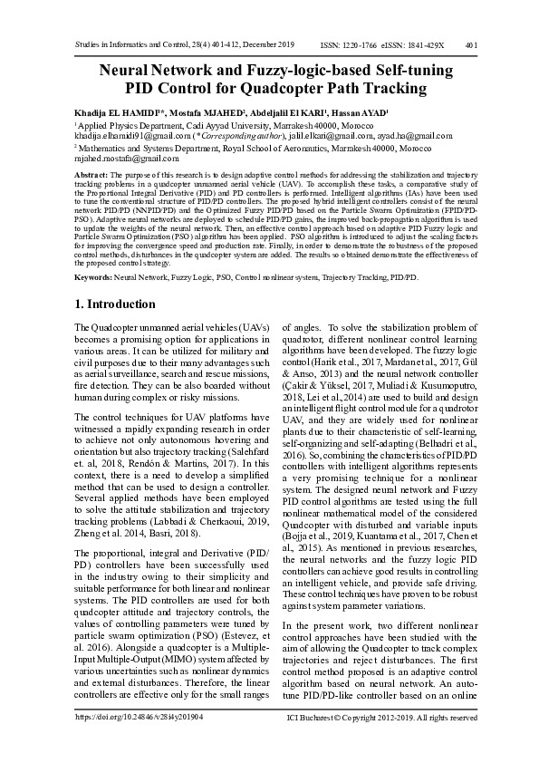 Pdf Neural Network And Fuzzy Logic Based Self Tuning Pid Control For Quadcopter Path Tracking
