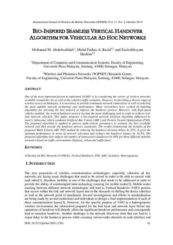 (PDF) Bio-inspired Seamless Vertical Handover Algorithm for Vehicular Ad Hoc Networks