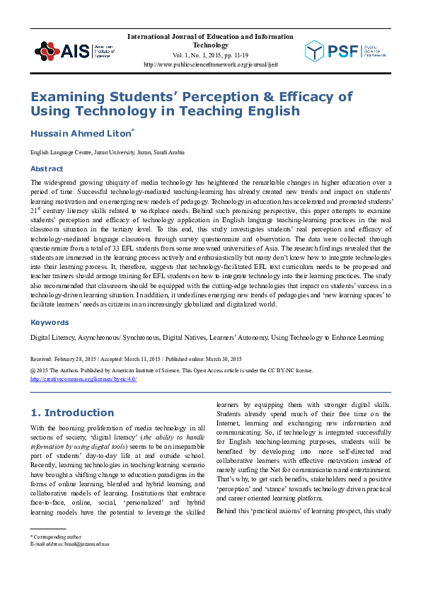 (PDF) Examining Students' Perception & Efficacy of Using Technology in Teaching English
