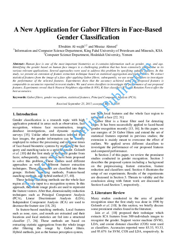 Pdf A New Application For Gabor Filters In Face Based Gender Classification 
