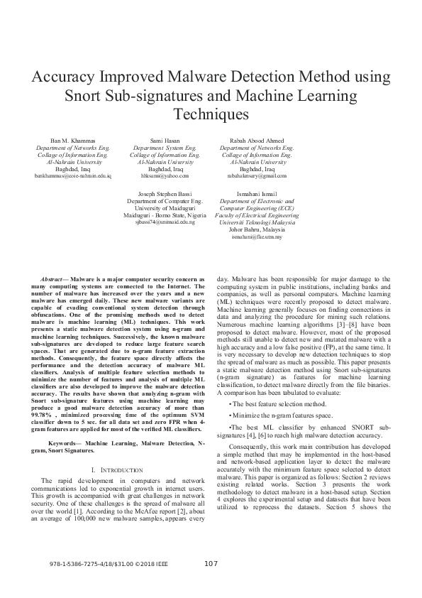 (PDF) Accuracy Improved Malware Detection Method using Snort Sub-signatures and Machine Learning ...