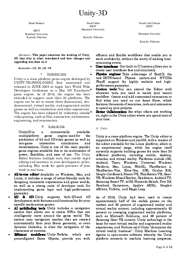 (DOC) Unity 3D description with advantages and disadvantage