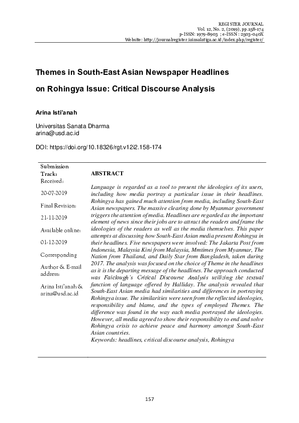(PDF) Themes in South-East Asian Newspaper Headlines on Rohingya Issue ...