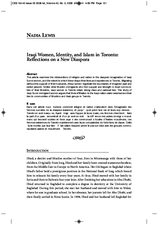 (PDF) Iraqi Women, Identity, and Islam in Toronto: Reflections on a New ...