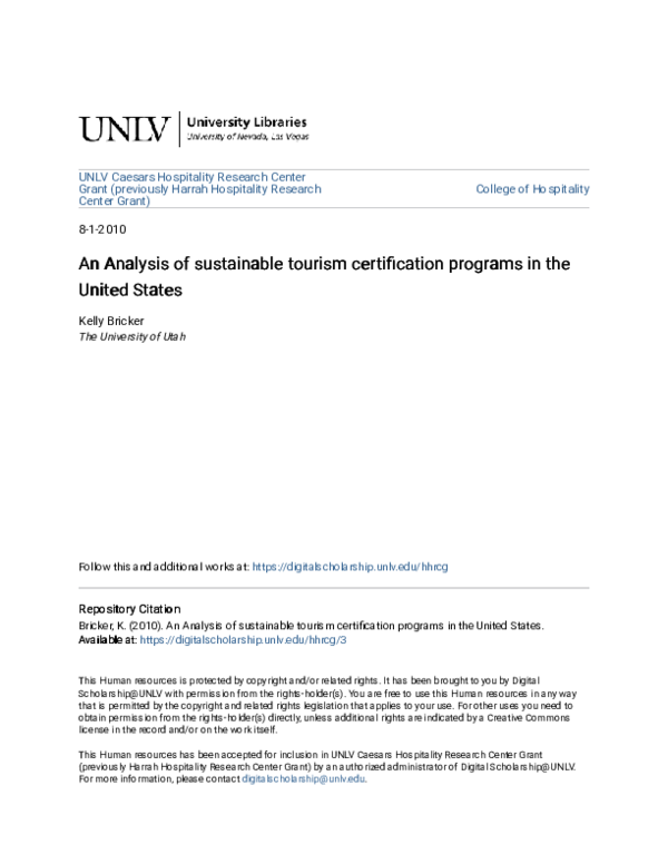 (PDF) An Analysis of sustainable tourism certification programs in the ...