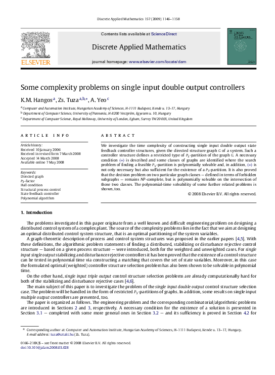 Pdf Some Complexity Problems On Single Input Double Output Controllers