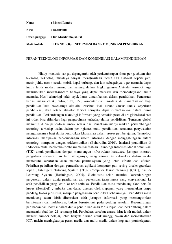 (DOC) PERAN TEKNOLOGI INFORMASI DAN KOMUNIKASI DALAM PENDIDIKAN | srpurnama dewisiregar ...