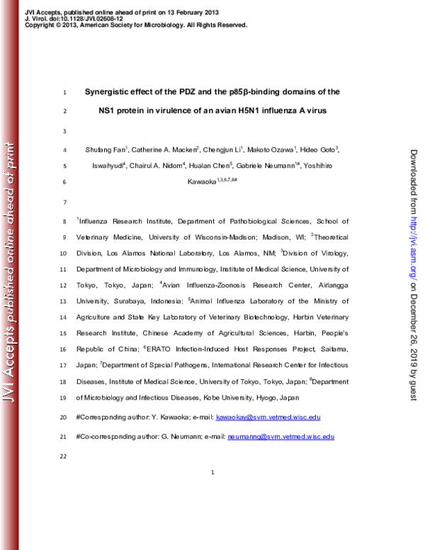 (PDF) Synergistic Effect of the PDZ and p85 -Binding Domains of the NS1 ...