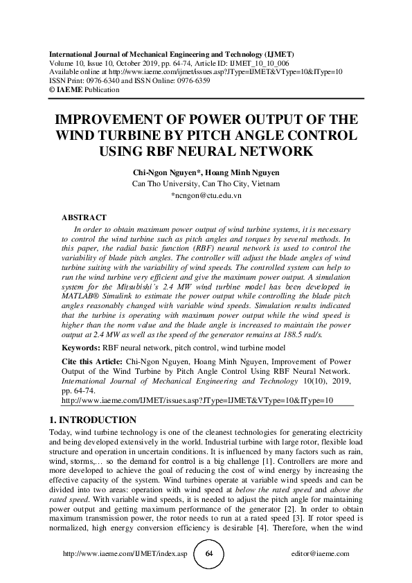Pdf Improvement Of Power Output Of The Wind Turbine By Pitch Angle Control Using Rbf Neural