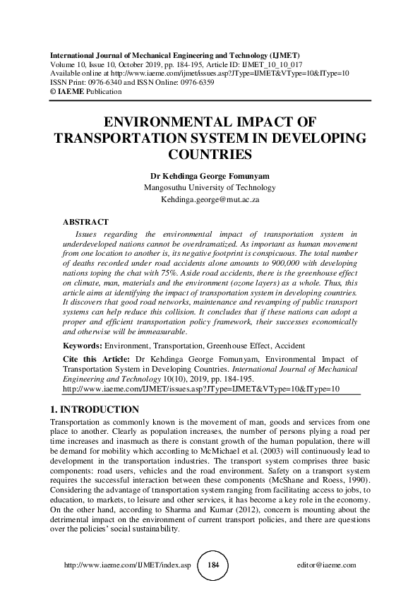 (PDF) ENVIRONMENTAL IMPACT OF TRANSPORTATION SYSTEM IN DEVELOPING COUNTRIES