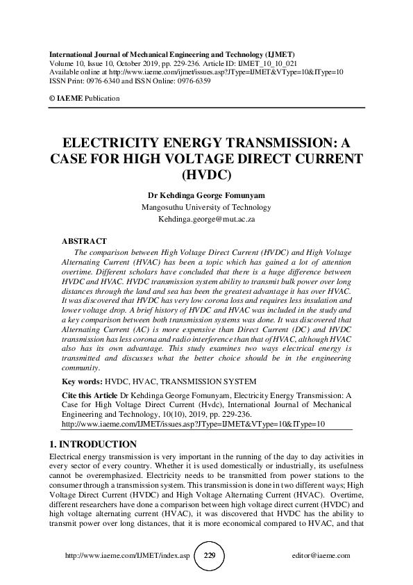 (PDF) ELECTRICITY ENERGY TRANSMISION: A CASE FOR HIGH VOLTAGE DIRECT CURRENT (HVDC)