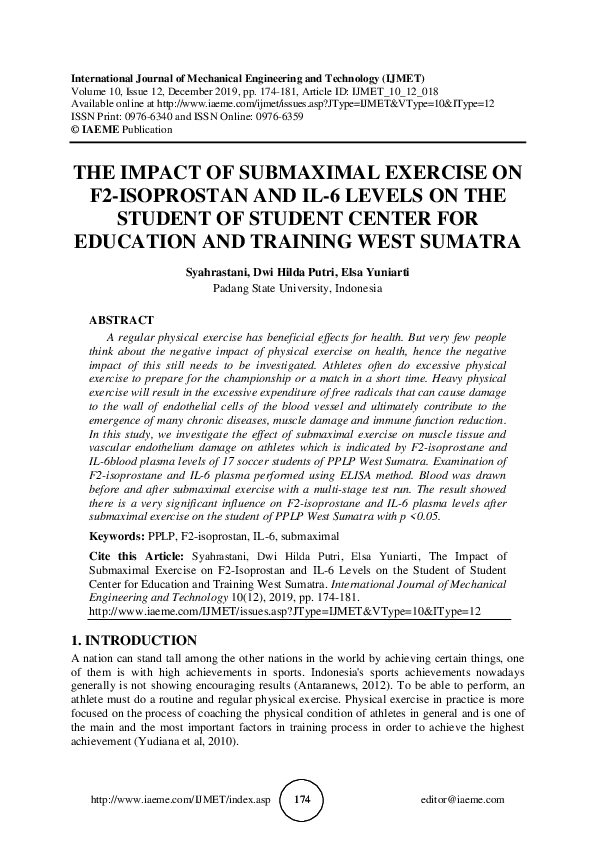 (PDF) THE IMPACT OF SUBMAXIMAL EXERCISE ON F2-ISOPROSTAN AND IL-6 ...