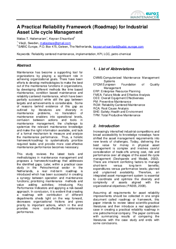 (PDF) A Practical Reliability Framework (Roadmap) for Industrial Asset ...