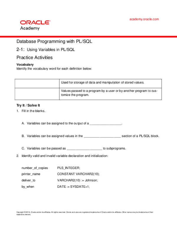 Pdf Database Programming With Pl Sql 2 1 Using Variables In Pl Sql Practice Activities Try It