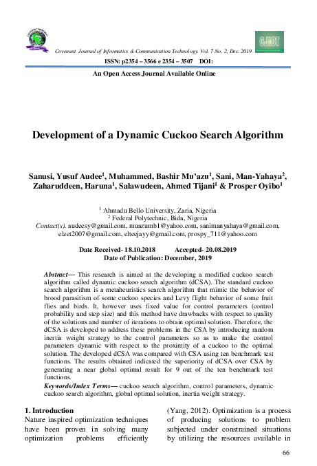 Pdf Development Of A Dynamic Cuckoo Search Algorithm