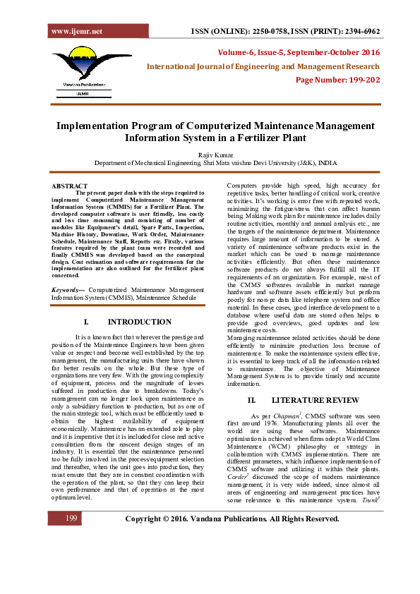(PDF) Implementation Program Of Computerized Maintenance Management Information System In ...