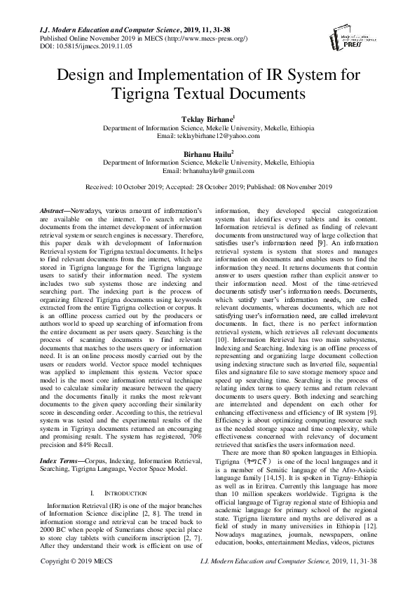 (PDF) Design and Implementation of IR System for Tigrigna Textual Documents