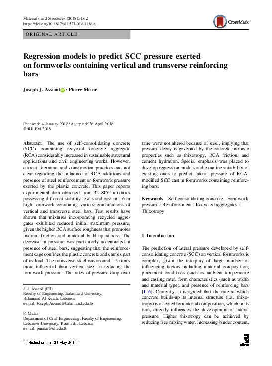 (PDF) Regression models to predict SCC pressure exerted on formworks ...