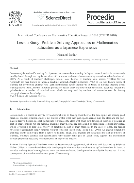 (PDF) Lesson Study: Problem Solving Approaches in Mathematics Education as a Japanese Experience