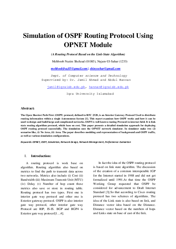 Pdf Simulation Of Ospf Routing Protocol Using Opnet Module Mehboob Nazim Shehzad Dym 