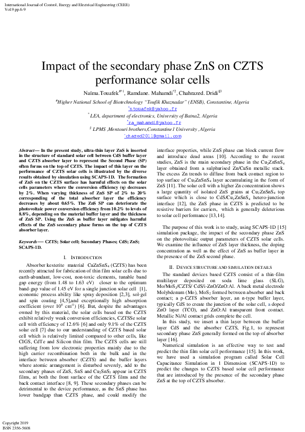 (PDF) Impact of the secondary phase ZnS on CZTS performance solar cells