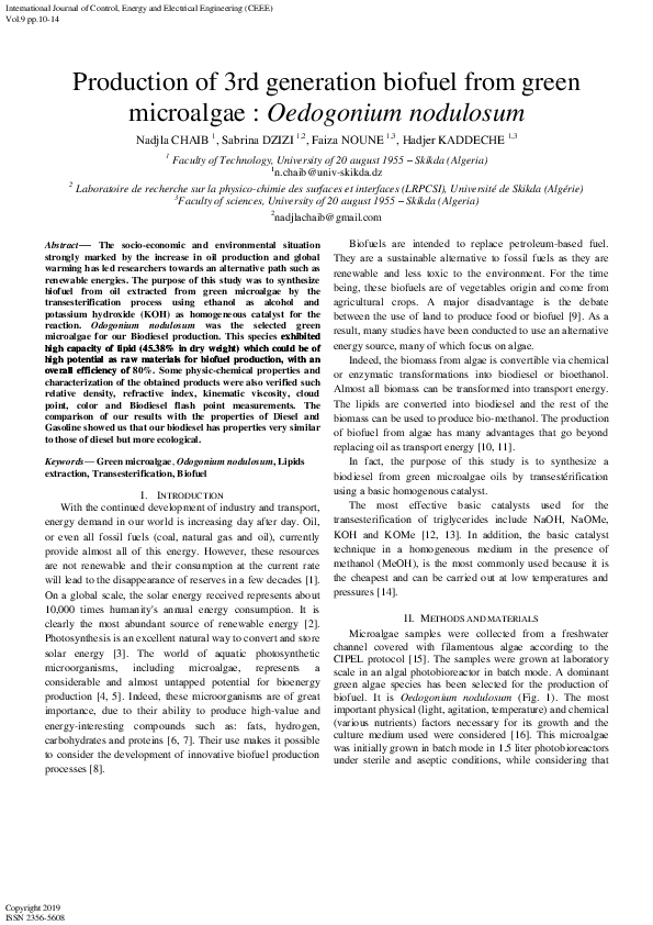 (PDF) Production of 3rd generation biofuel from green microalgae : Oedogonium nodulosum