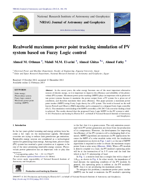 (PDF) Realworld maximum power point tracking simulation of PV system based on Fuzzy Logic control