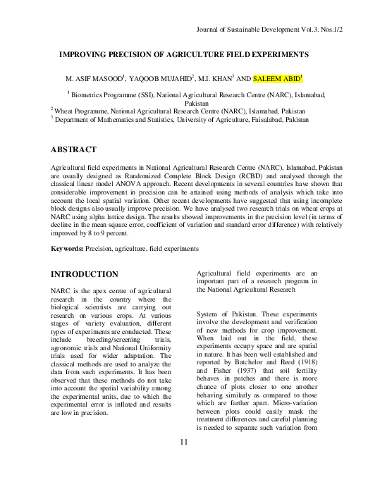 (PDF) IMPROVING PRECISION OF AGRICULTURE FIELD EXPERIMENTS