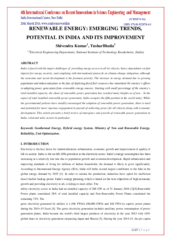 (PDF) RENEWABLE ENERGY: EMERGING TRENDS, POTENTIAL IN INDIA AND ITS ...