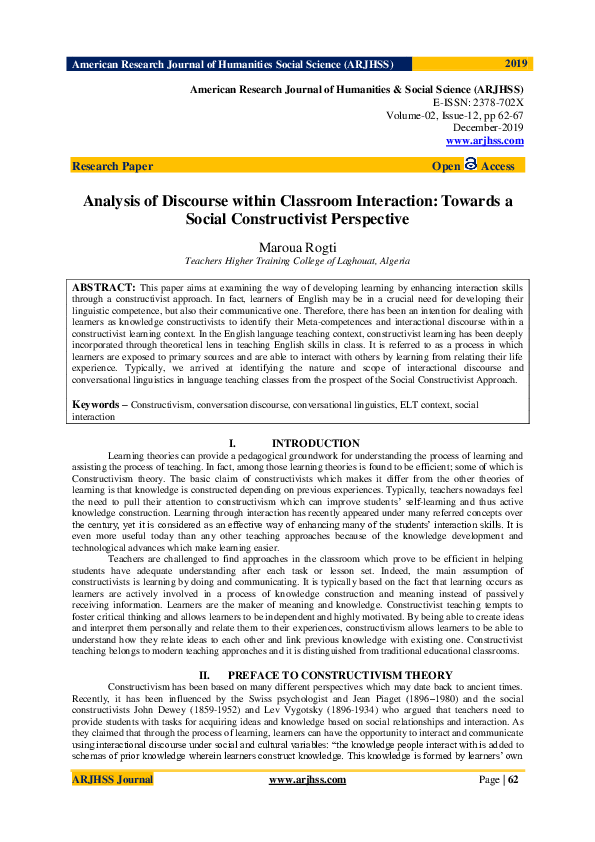 (PDF) Analysis of Discourse within Classroom Interaction: Towards a Social Constructivist ...
