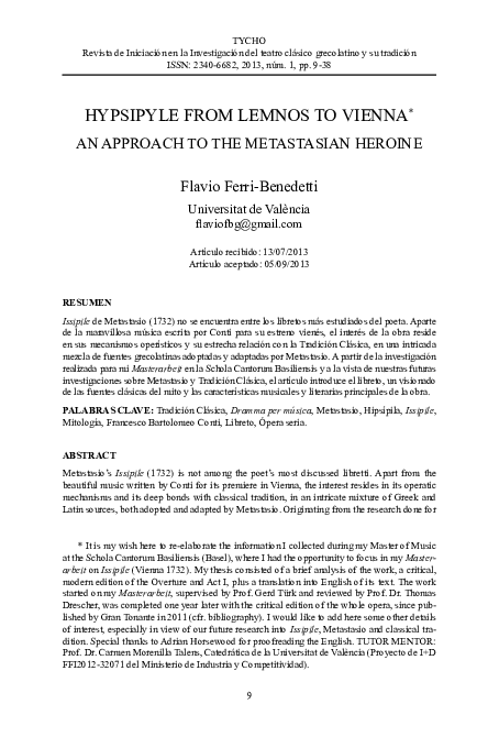 (PDF) Hypsipyle from Lemnos to Vienna: an Approach to the Metastasian ...