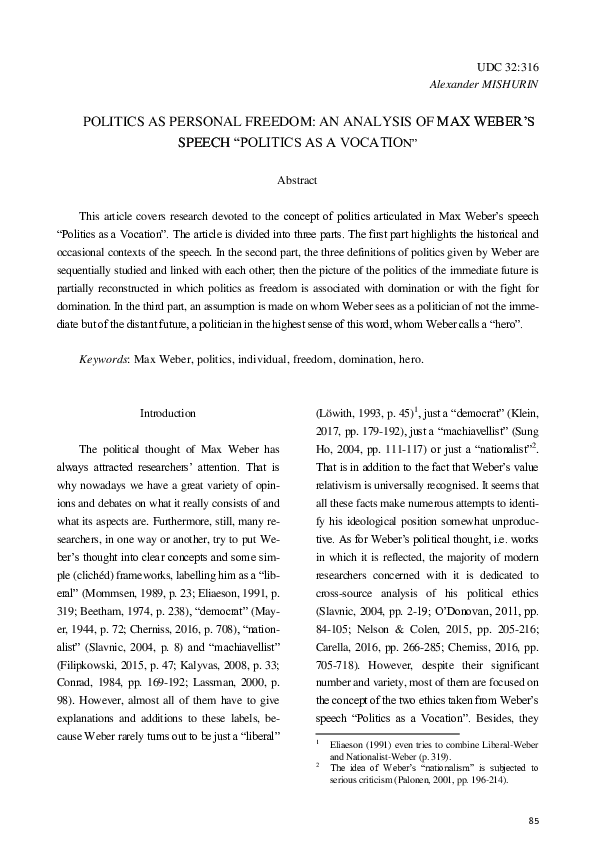 (PDF) Politics as Personal Freedom: An Analysis of Max Weber’s Speech ...
