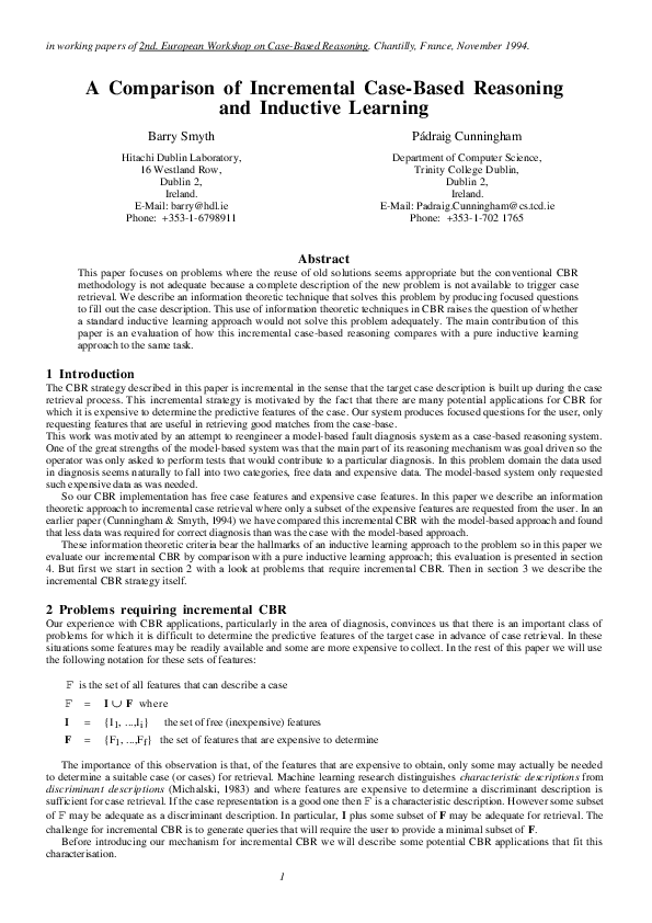 (PDF) A Comparison of Incremental Case-Based Reasoning and Inductive Learning