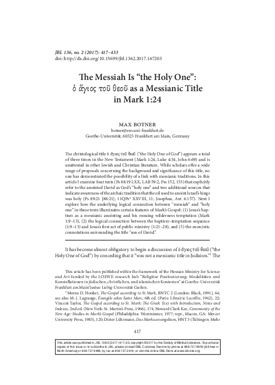(PDF) The Messiah is “the Holy One”: ὁ ἅγιος τοῦ θεοῦ as a Messianic ...