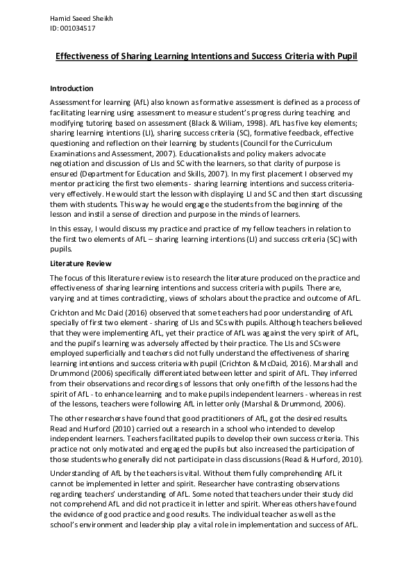 (PDF) Effectiveness of Sharing Learning Intentions and Success Criteria with Pupil