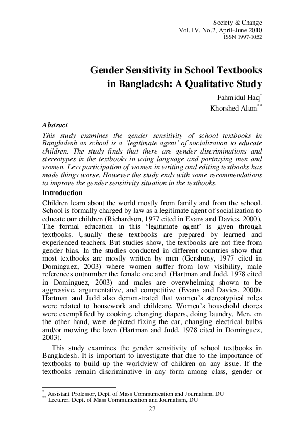 (PDF) Gender Sensitivity in School Textbooks in Bangladesh: A ...