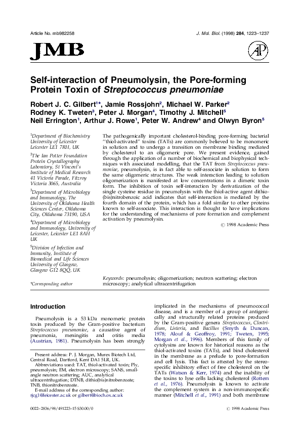 (PDF) Self-interaction of pneumolysin, the pore-forming protein toxin ...