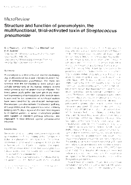 (PDF) Structure and function of pneumolysin, the multifunctional, thiol ...