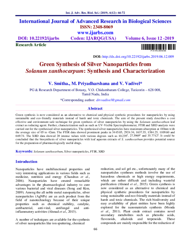 (PDF) Green Synthesis of Silver Nanoparticles from Solanum xanthocarpum: Synthesis and ...