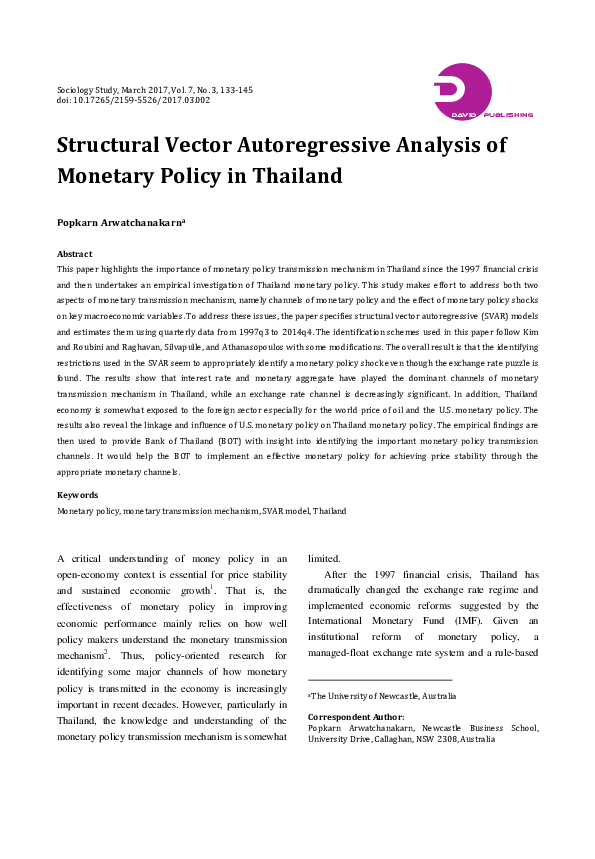 (PDF) Structural Vector Autoregressive Analysis of Monetary Policy in Thailand