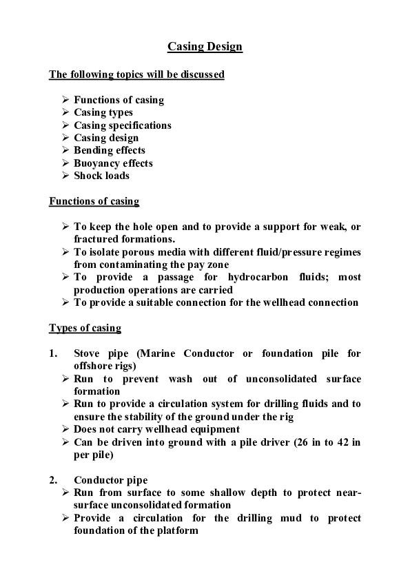 (PDF) Casing Design The following topics will be discussed Functions of ...
