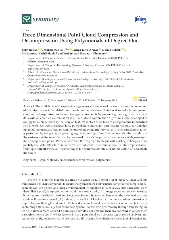 (PDF) Three Dimensional Point Cloud Compression and Decompression Using Polynomials of Degree One