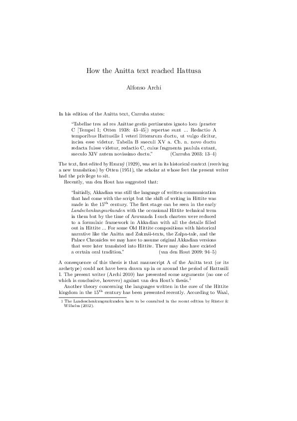 (PDF) How the Anitta text reached Hattusa