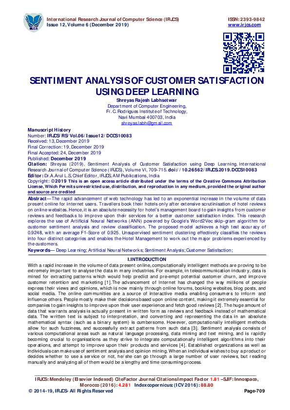 (PDF) Sentiment Analysis of Customer Satisfaction using Deep Learning