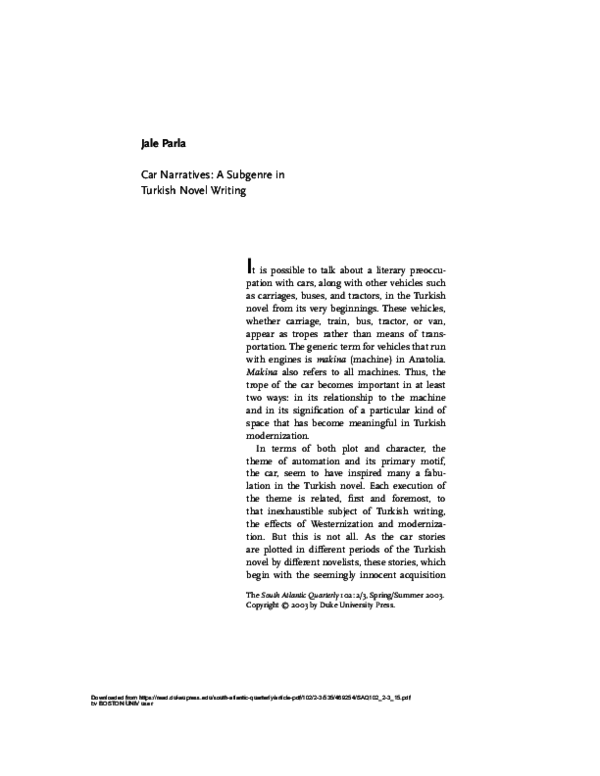 (PDF) Car Narratives: A Subgenre in Turkish Novel Writing