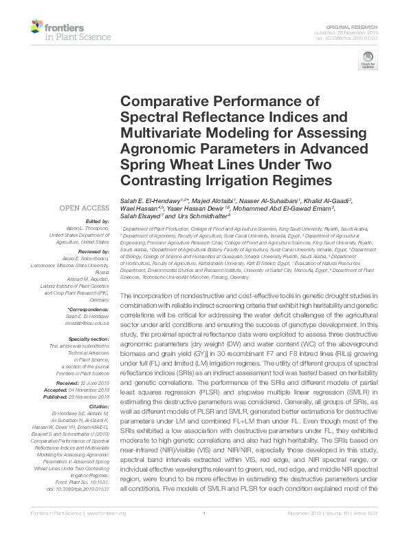 (PDF) Comparative Performance of Spectral Reflectance Indices and Multivariate Modeling for ...
