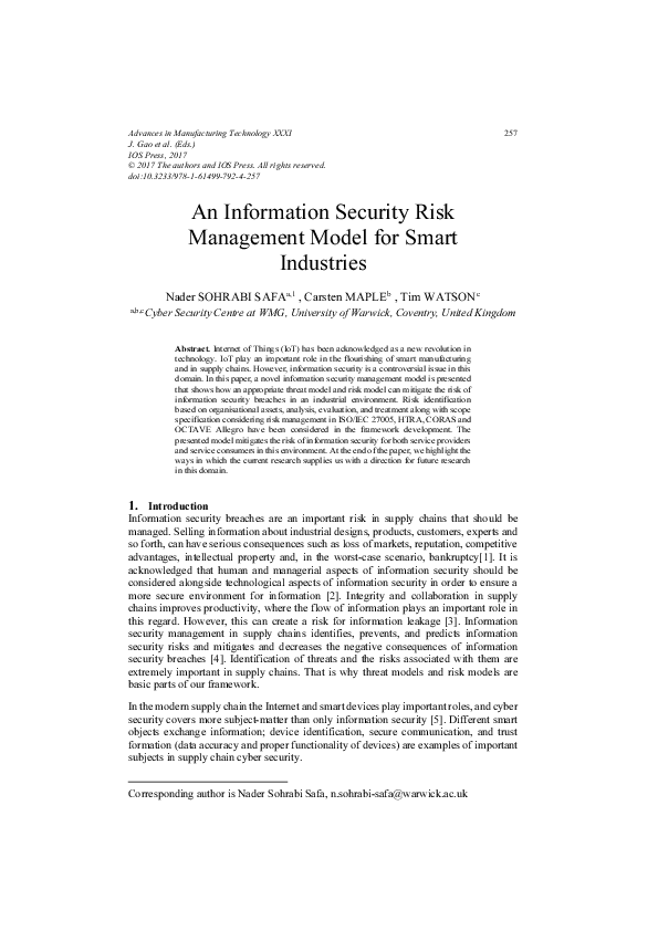 (PDF) An Information Security Risk Management Model for Smart Industries