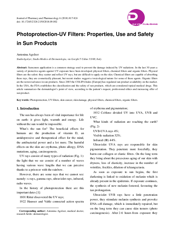 (PDF) Photoprotection-UV Filters: Properties, Use and Safety in Sun ...