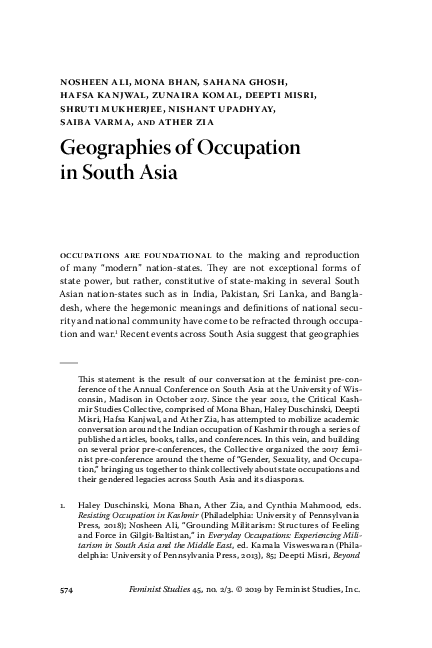 (PDF) Geographies of Occupation in South Asia