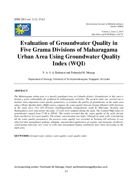(PDF) Evaluation of Groundwater Quality in Five Grama Divisions of ...